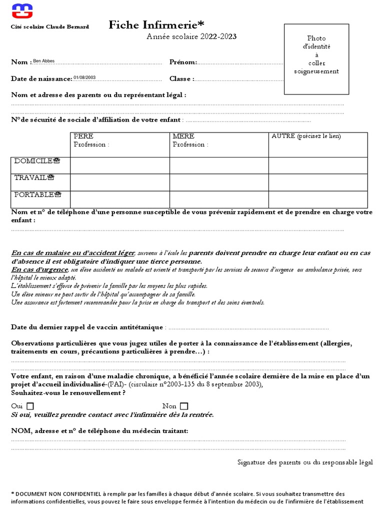 Dossier Medical Fiche Infirmerie 2022-2023 Mod v0 | PDF | Allaitement ...