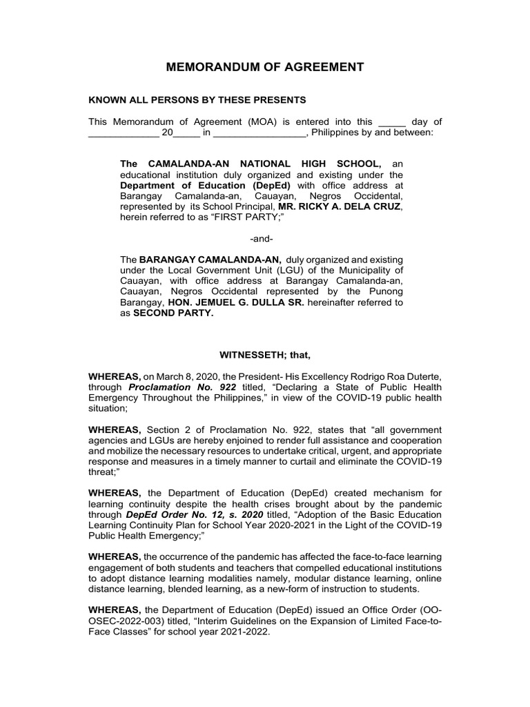 Memorandum of Agreement | PDF | Distance Education | Teachers