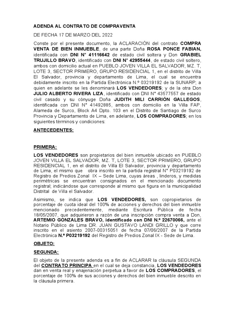 Adenda de Compra Venta. | Descargar gratis PDF | Ley común | Justicia