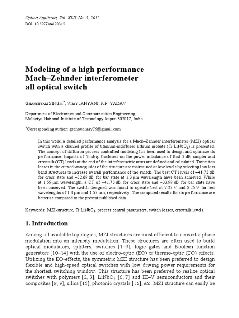 Modeling of A High Performance Mach-Zehnder Interferometer All Optical Switch | PDF ...