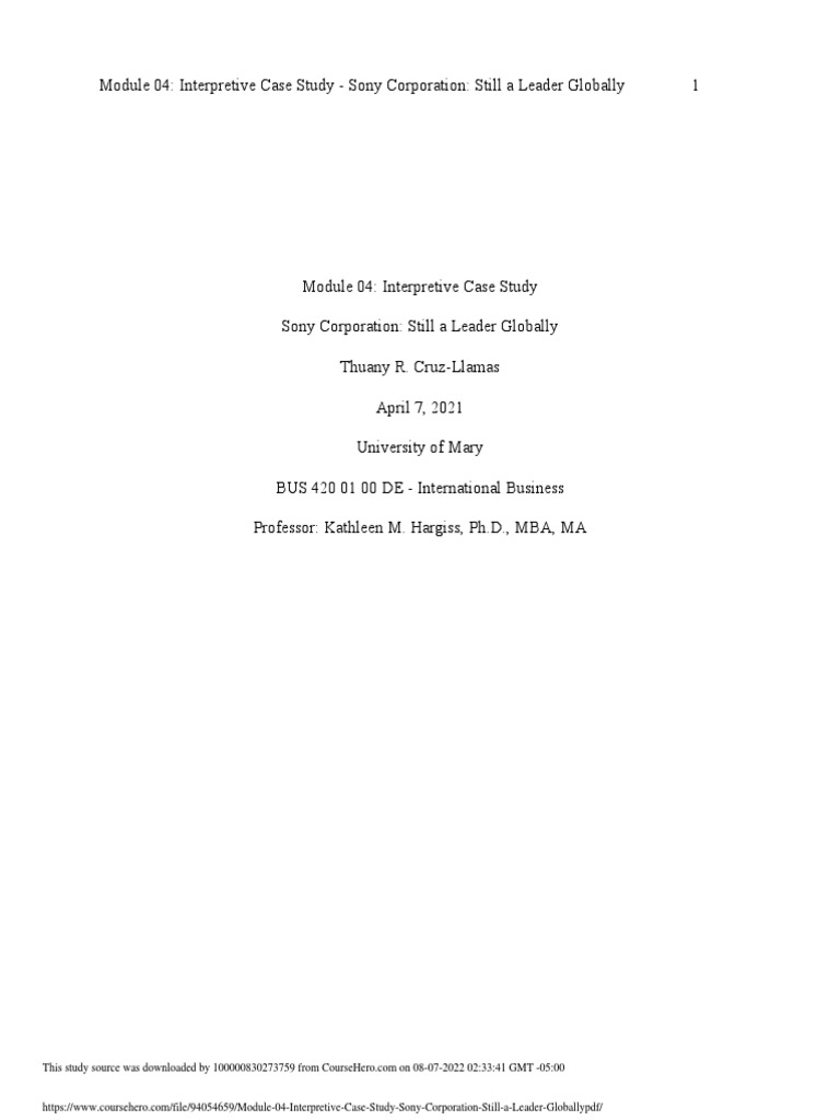 Module 04 Interpretive Case Study Sony Corporation Still A Leader Globally PDF | PDF | Business