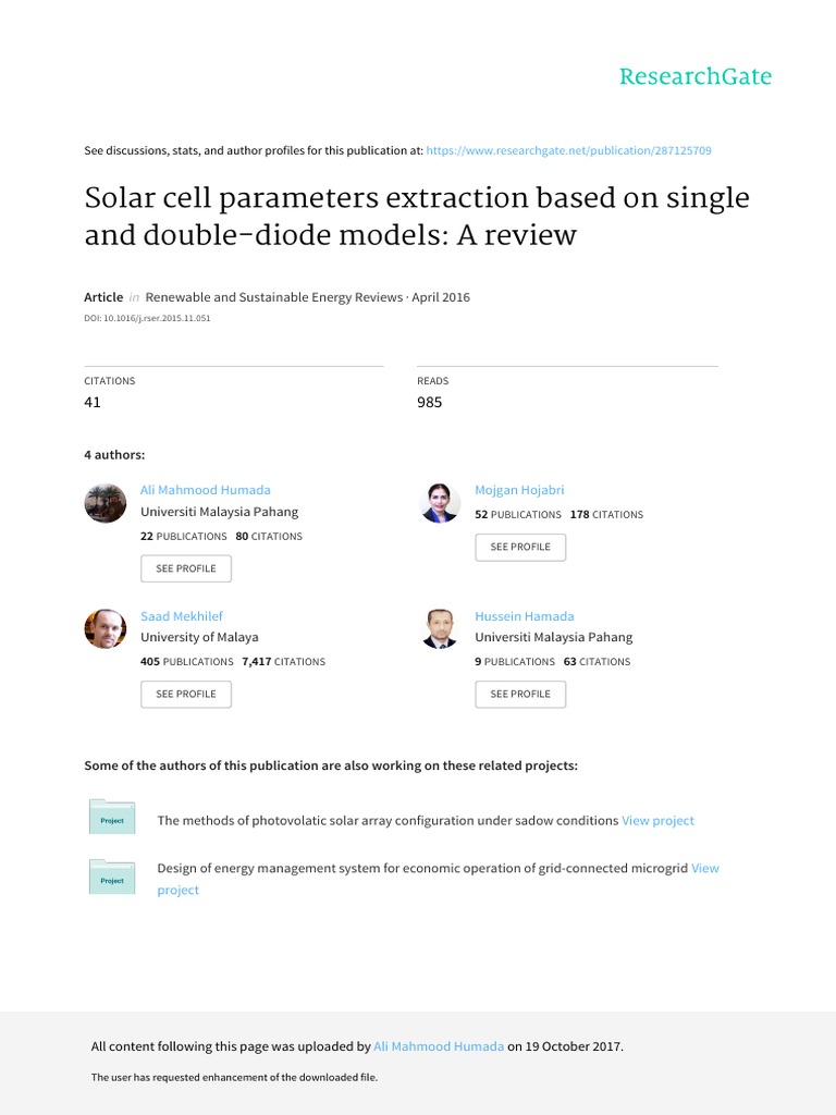 Solar Cell Parameters Extraction Based On Single and Double-Diode ...
