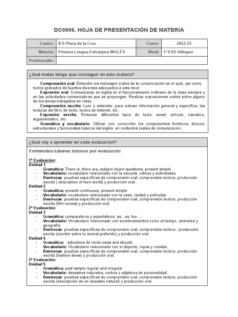 Inglés 1º ESO Bilingue Hoja Presentación 2022 23 - Documentos de Google ...