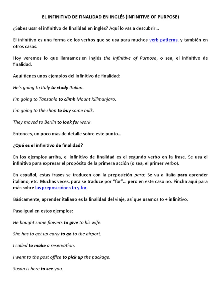 El Infinitivo de Finalidad en Inglés | PDF