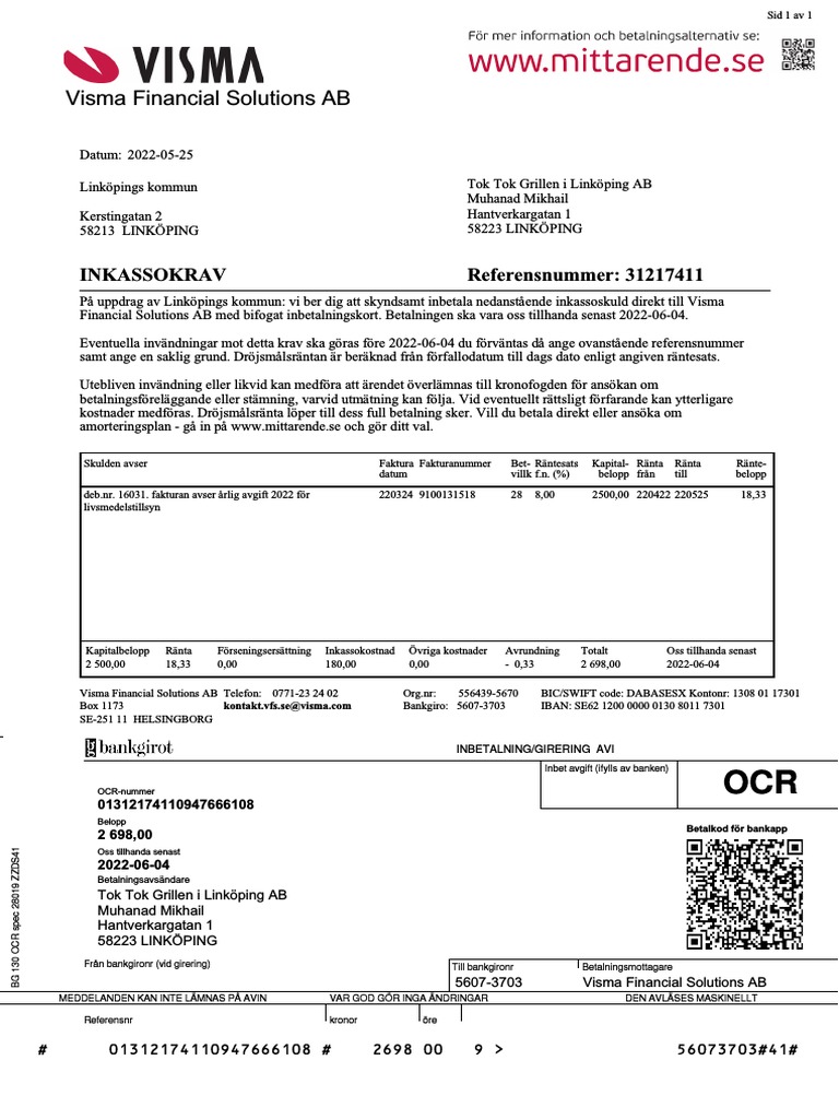 Visma Financial Solutions AB: Inkassokrav Referensnummer: 31217411 | PDF