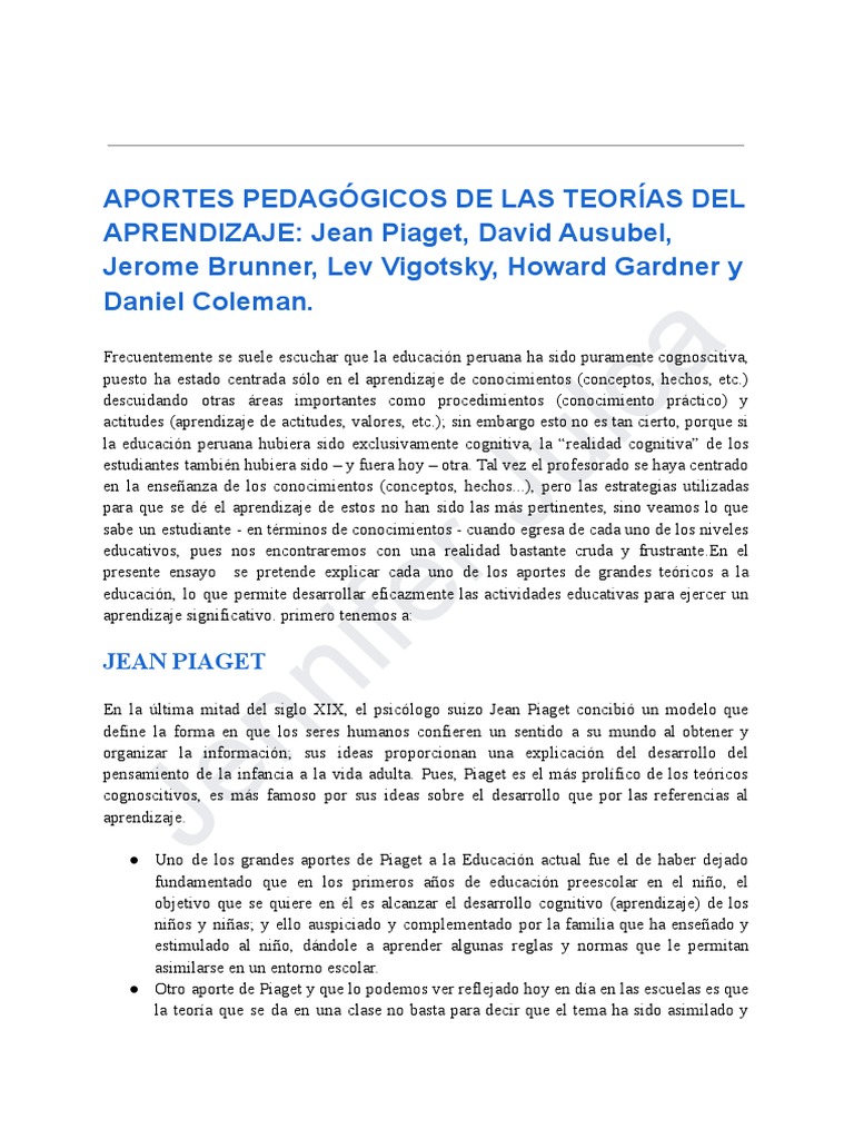 APORTES PEDAGÓGICOS DE LAS TEORÍAS DEL APRENDIZAJE - Jean Piaget, David ...