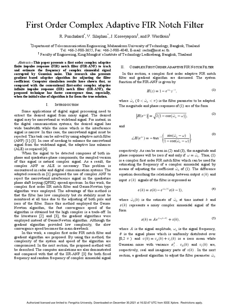 First Order Complex Adaptive FIR Notch Filter | PDF | Filter (Signal ...