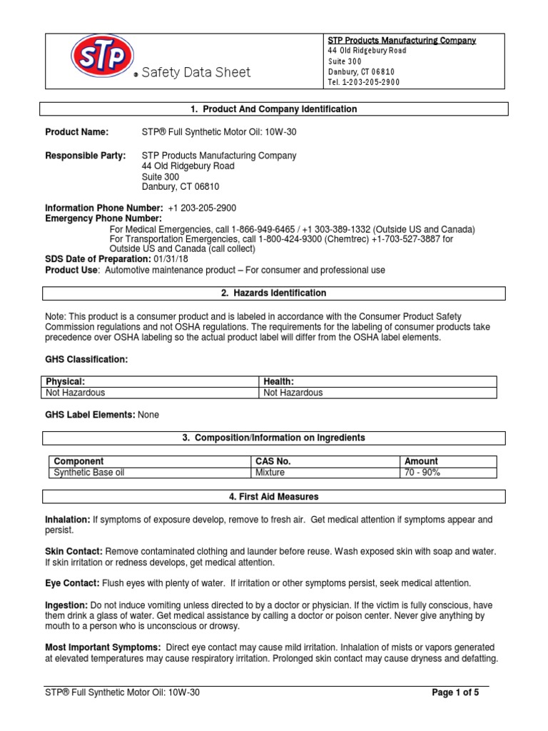 STP Full Synthetic Motor Oil 10W 30 SDS | PDF | Firefighting | Personal Protective Equipment