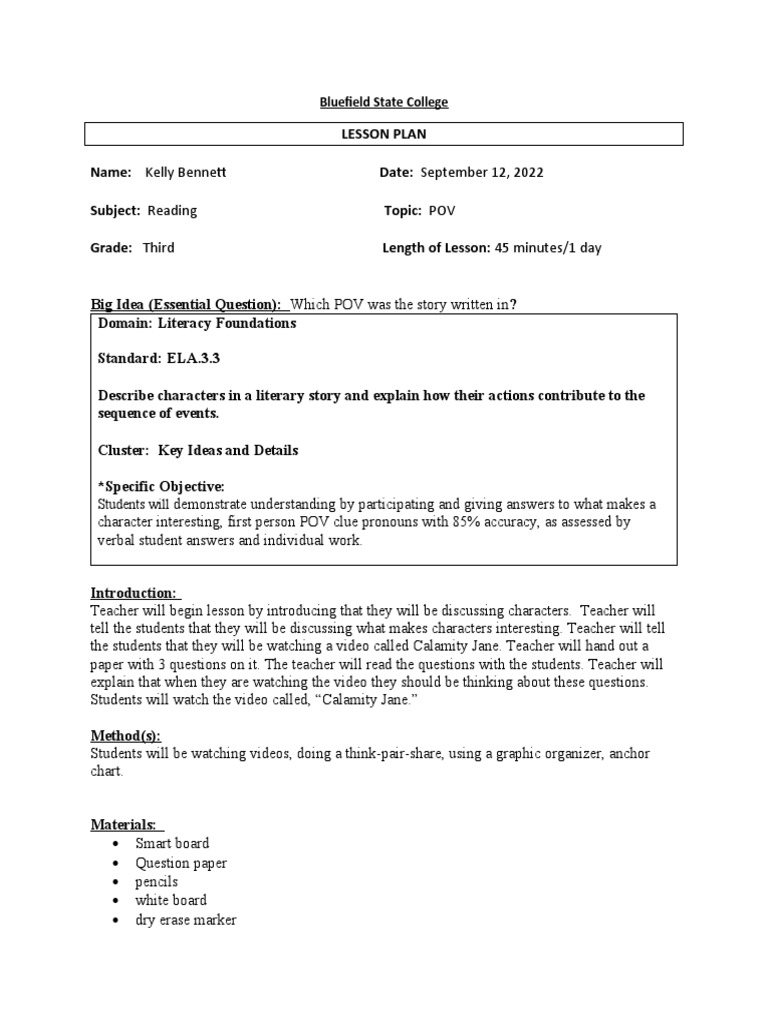 3rd Grade Reading Lesson: POV Focus | PDF | Lesson Plan | Narration