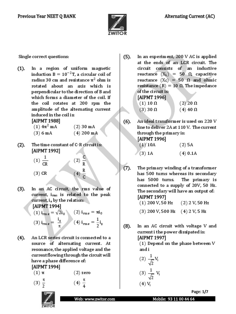 ALTERNATING CURRENT (AC) NEET Previous Year Q Bank Till 2020 | PDF ...