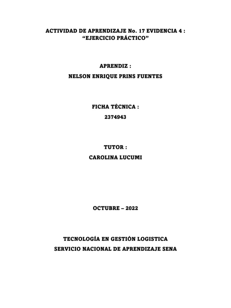 Actividad de Aprendizaje 17 Evidencia 4 Ejercicio Practico 3 | PDF | Calidad (comercial) | Logística