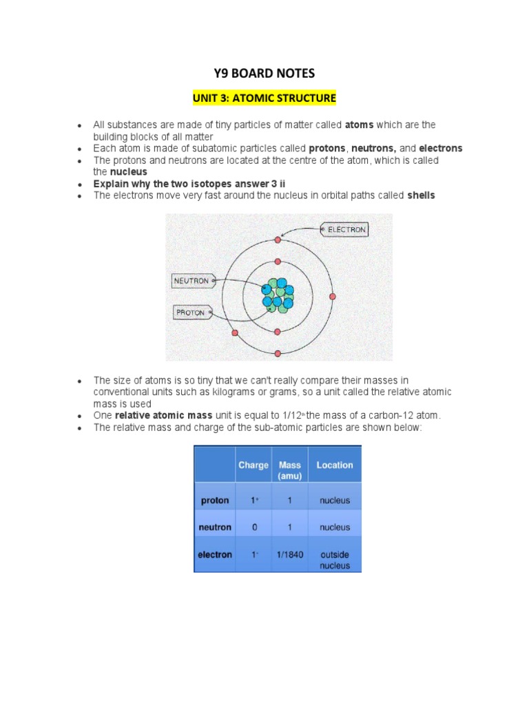 Atomic Structure Notes for Y9 Students | PDF | Atoms | Atomic Nucleus