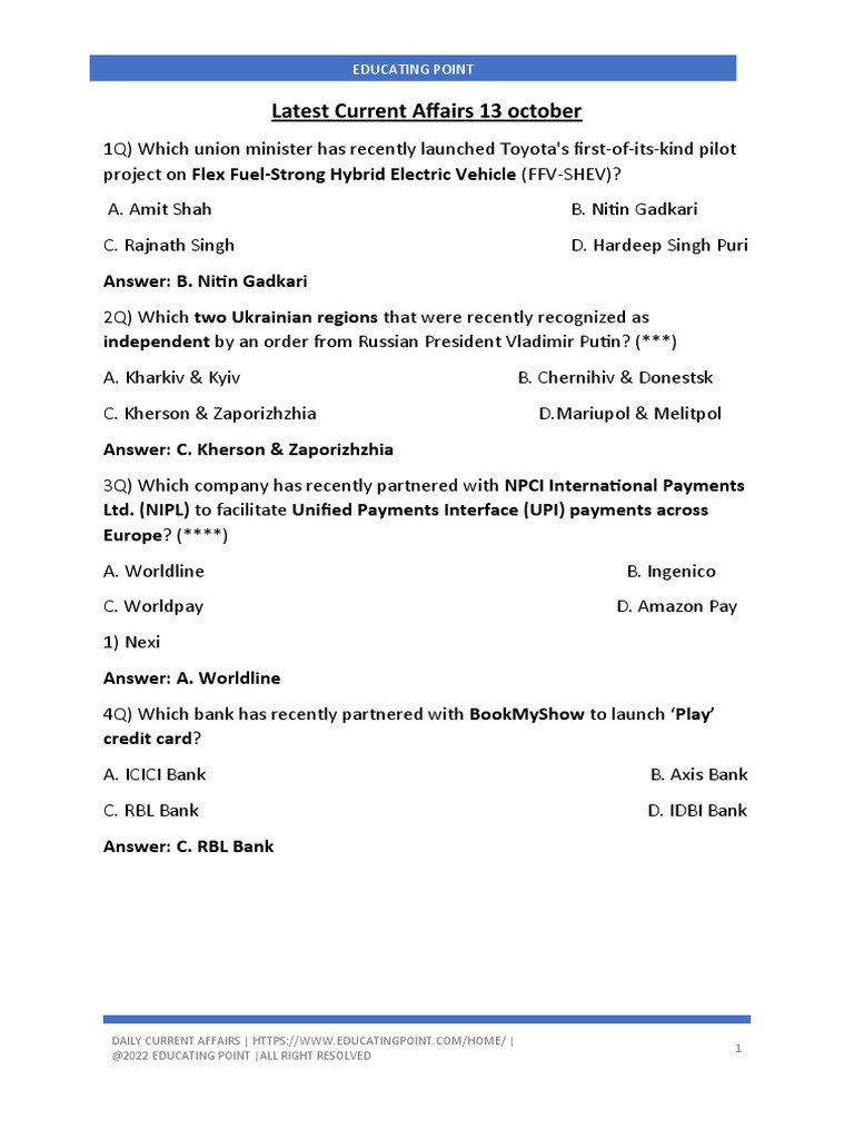 Latest Current Affairs 13 October-2022 | PDF