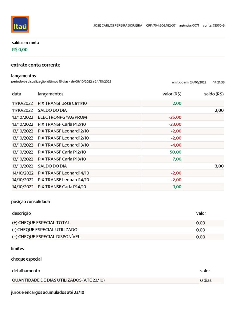 Extrato-Itau 24 10 2022 14-21 | PDF | Cheque (banco) | Bancos