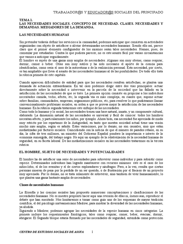 Concepto y Clases de Necesidades Sociales | PDF | Trabajo Social ...