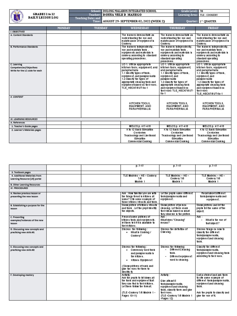 DLL - Tle 7-8-w2 | PDF | Learning | Kitchen Utensil