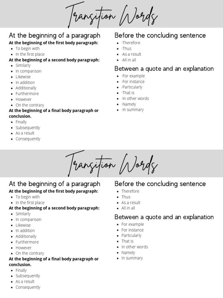 Transition Words Handout | PDF