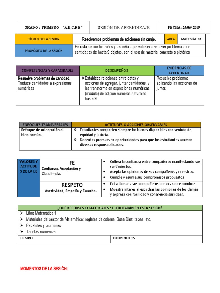 SESIÓN 22 Resolvemos Problemas de Adiciones Sin Canje. | PDF | Aprendizaje | Modificación de ...