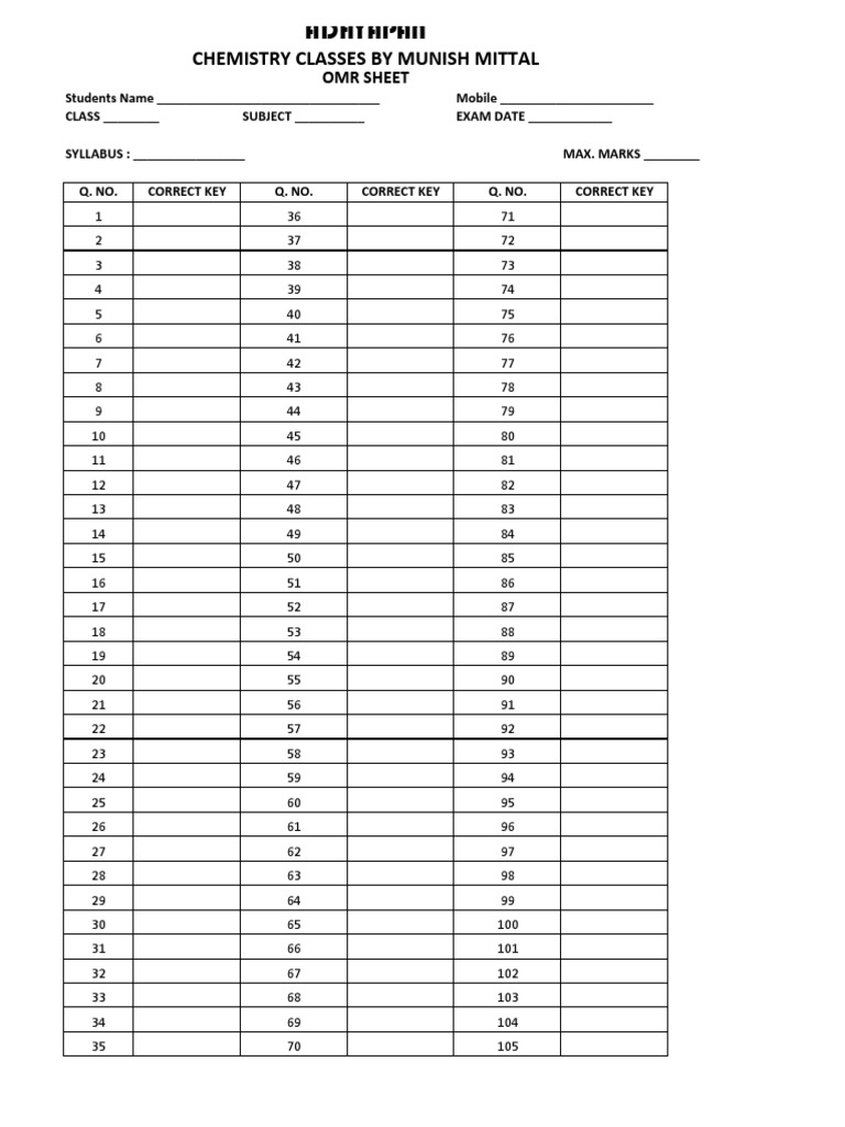 Chemistry Exam Answer Sheet for Munish Mittal's Class | PDF ...