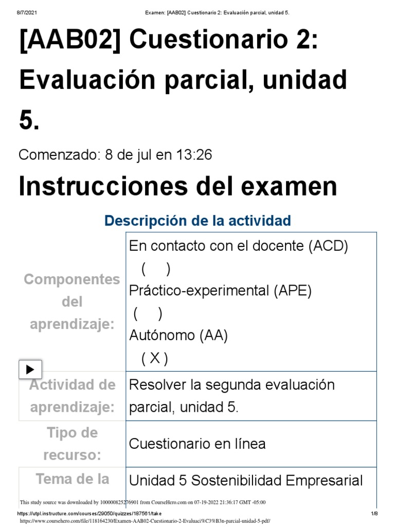Examen AAB02 Cuestionario 2 Evaluaci N Parcial Unidad 5 PDF | PDF | Prueba (evaluación ...