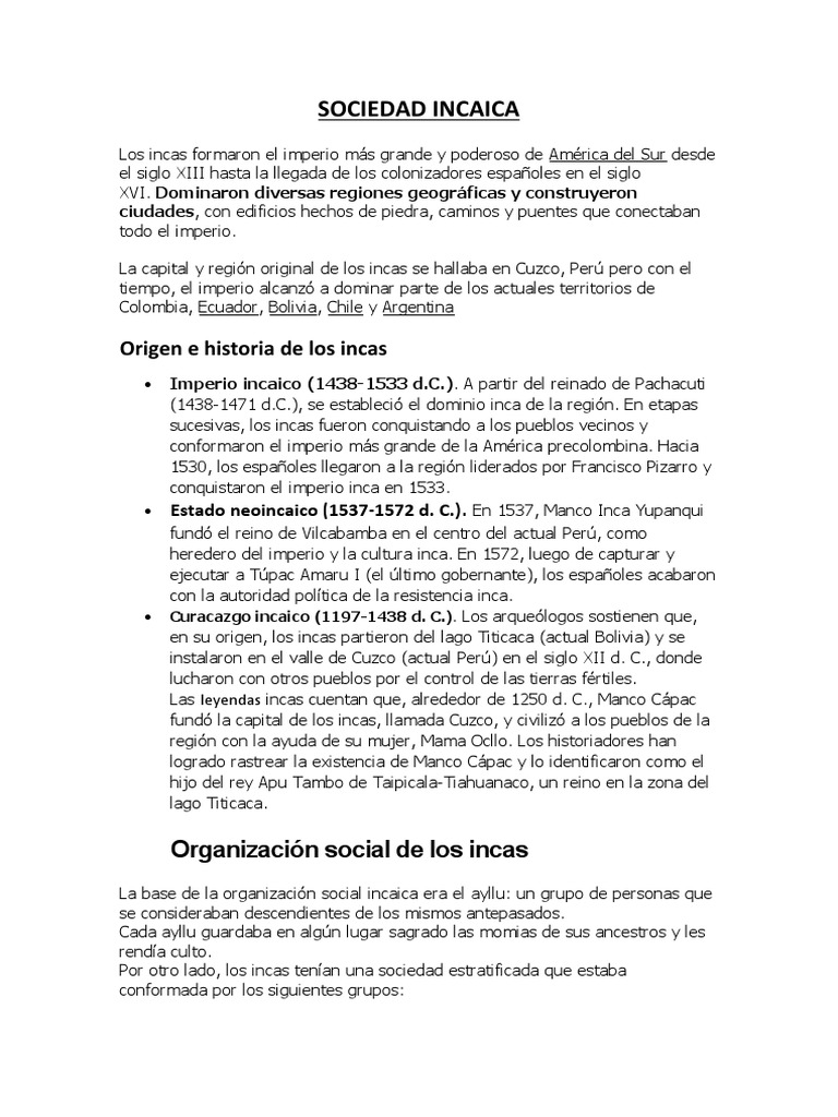 Sociedad Incaica | PDF | Imperio Inca | Perú