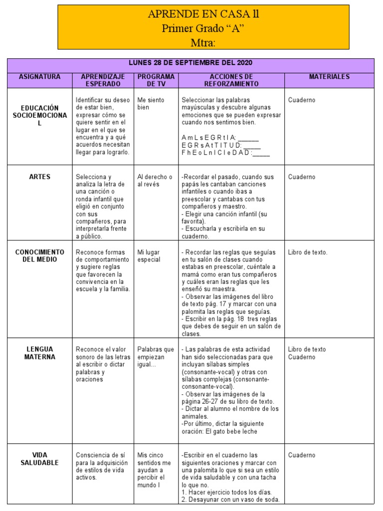 Primer Grado - Semana 6 Bueno.. 1 | PDF | Educación de la primera ...