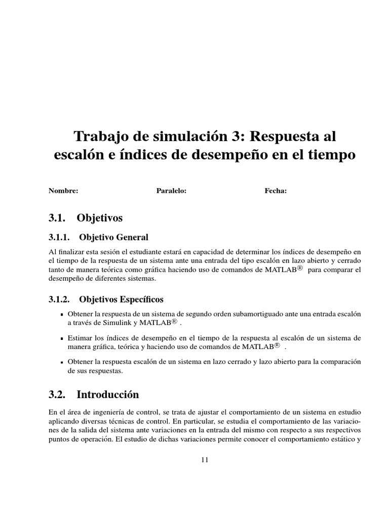 Trabajo de Simulaci On 3: Respuesta Al Escal On e Indices de Desempe No ...
