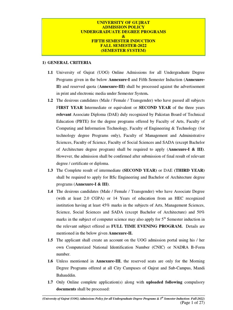 UOG Admission Policy Fall 2022 Undergraduate 5th Sem Induction | PDF ...