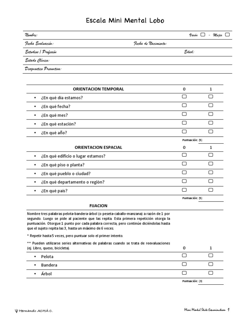 Escala Mini Mental Lobo - Protocolo | Descargar gratis PDF | Causas de la muerte | Ciencia cognitiva