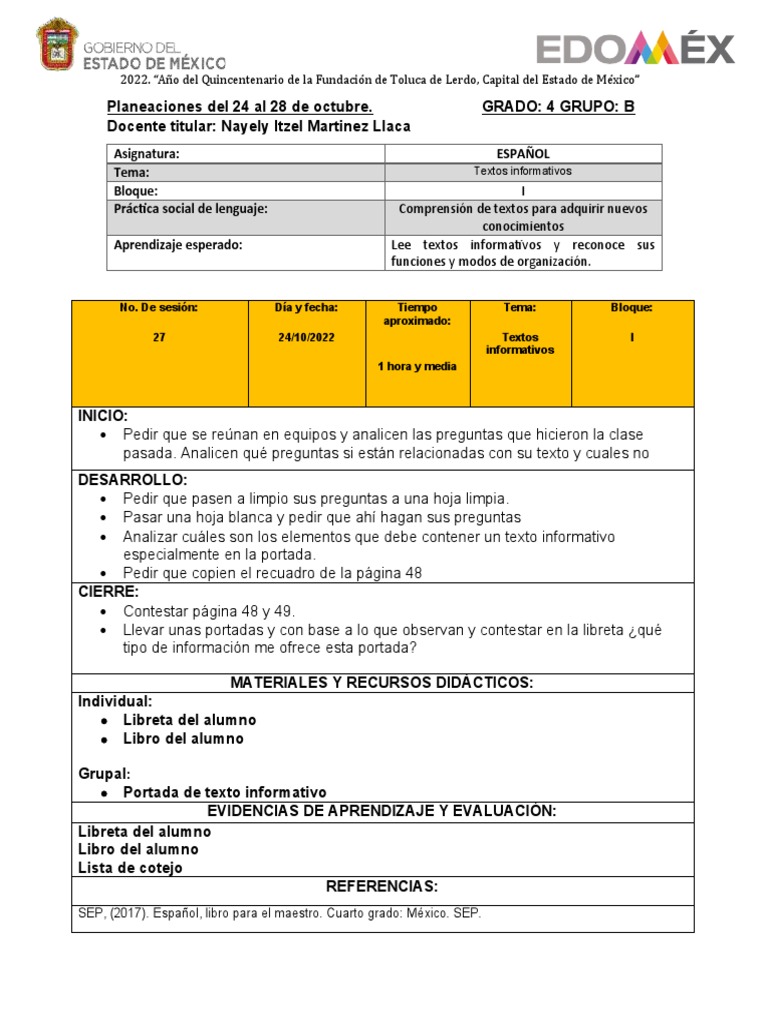 Planeaciones Del 24 Al 28 de Octubre | PDF | Evaluación | México