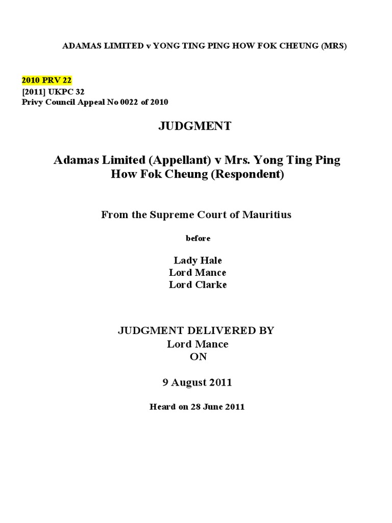 ADAMAS LIMITED V YONG TING PING HOW FOK CHEUNG (MRS) 2010 PRV 22 | PDF | Justice | Crime & Violence