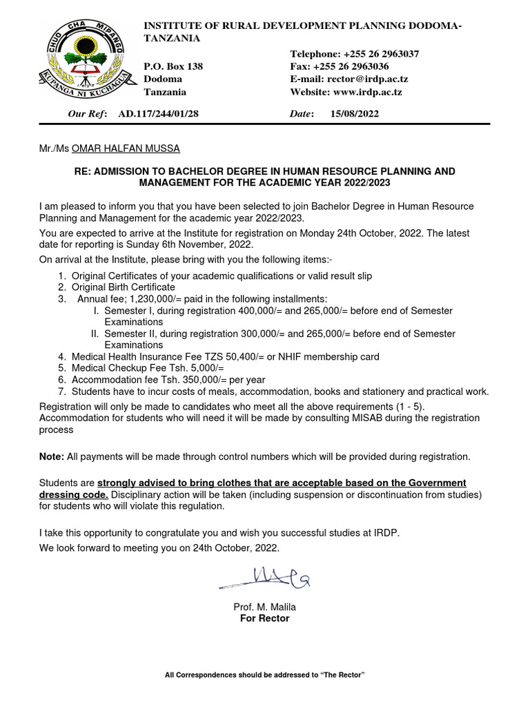Admission Letter Omar Mussa | Download Free PDF | Public Services ...