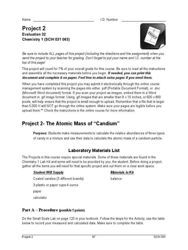 Chemistry 1 SCIH 031 063 Project 2 | PDF