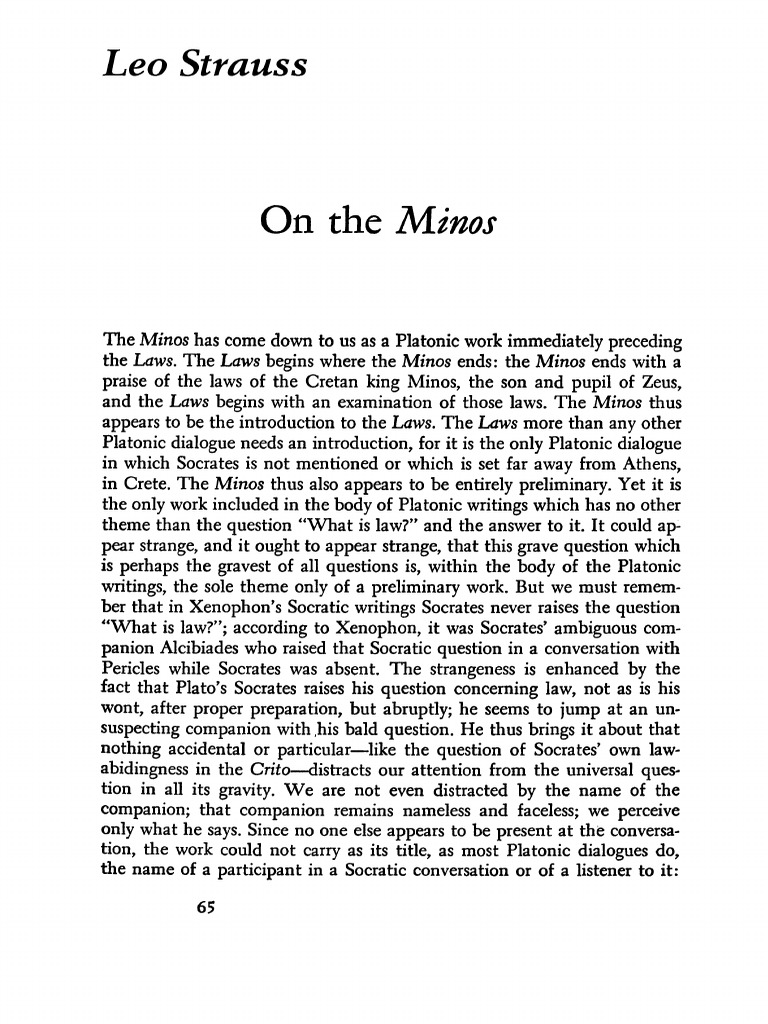Leo Strauss On Platos Minos On Law Translation - Compress | PDF