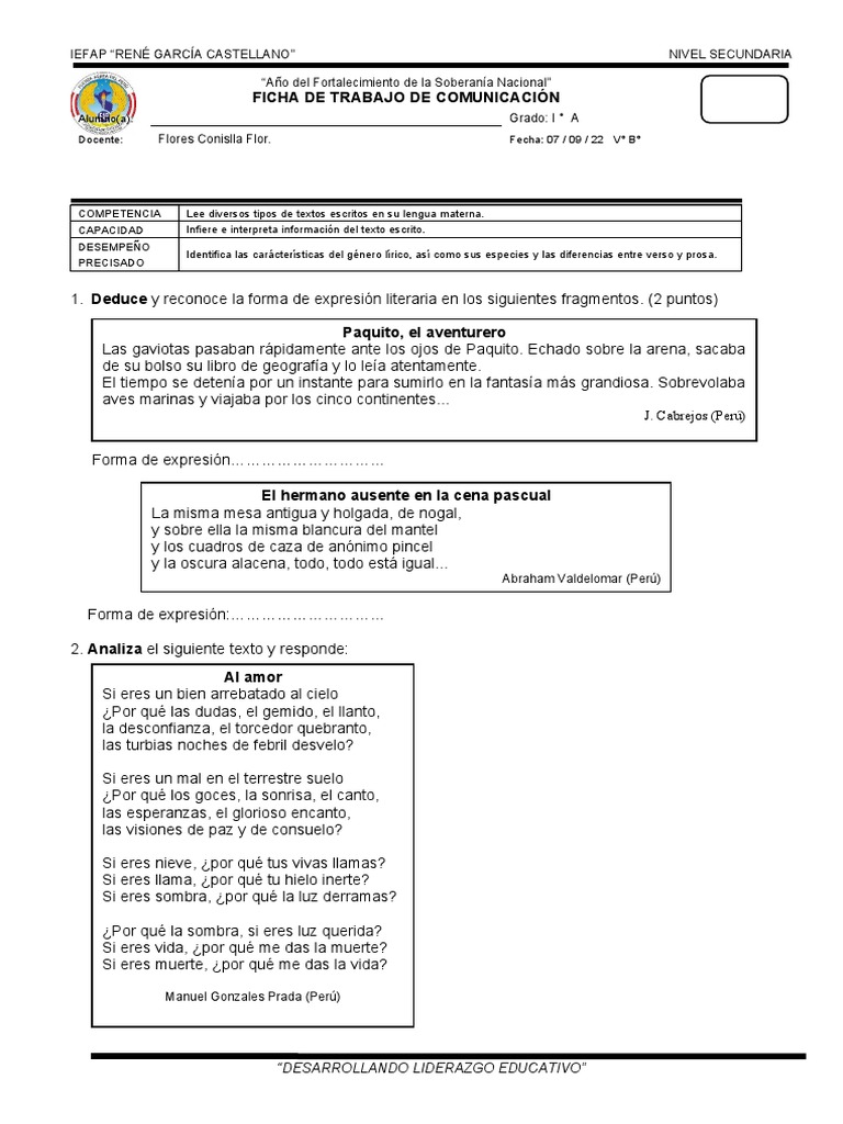 Ficha de Trabajo I° - Prosa y Verso | PDF
