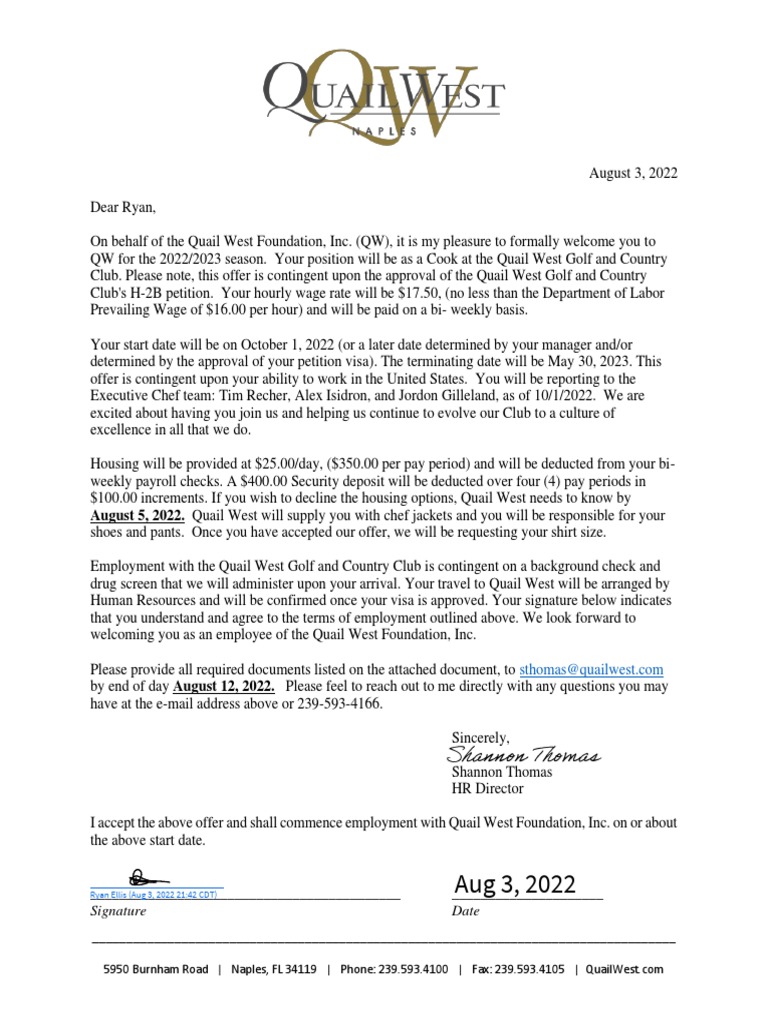 H2B Offer Letter - '22 - '23 Season - Ryan - Encrypted | PDF ...