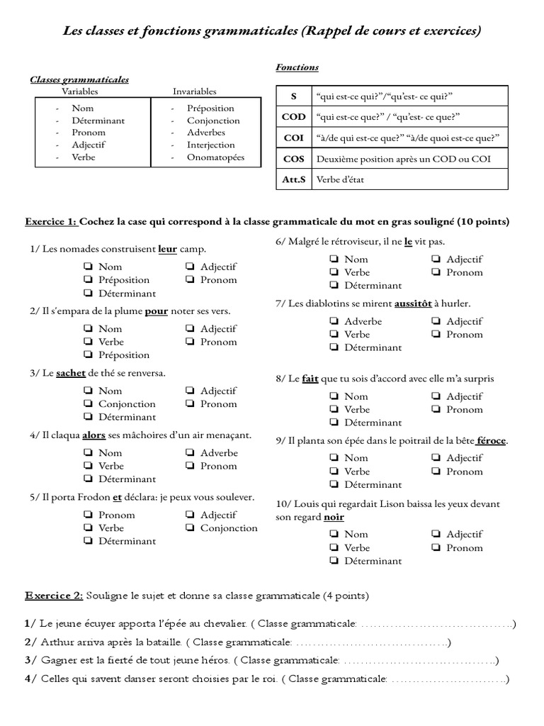 Exercices sur classes et fonctions grammaticales | PDF | Nature ...