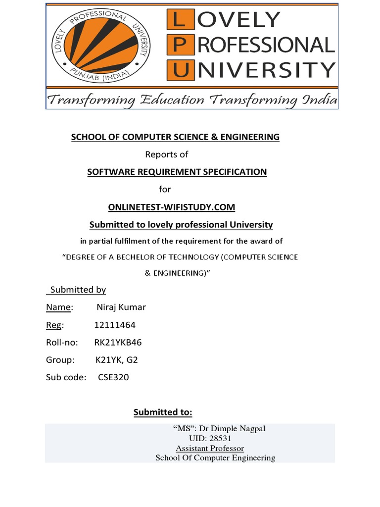 School of Computer Science & Engineering Reports Of: Software Requirement Specification | PDF ...