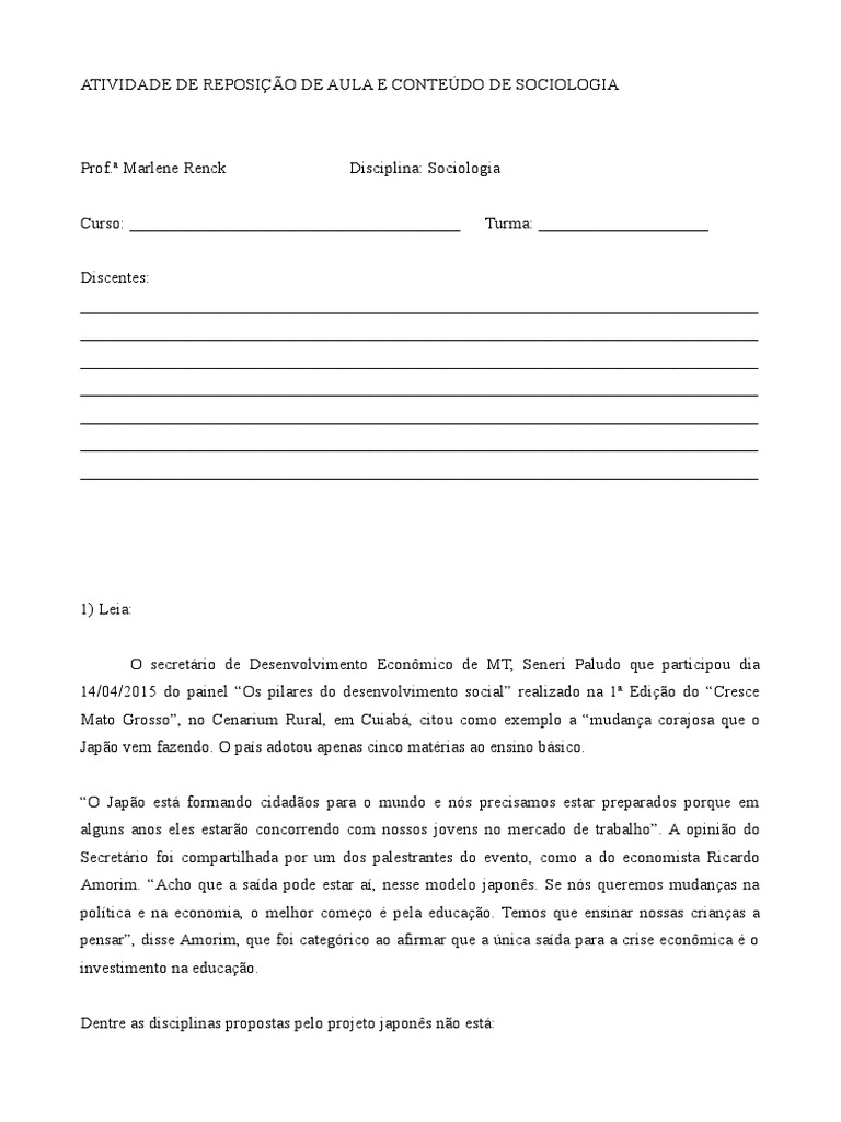 Atividade de Reposição de Aula e Conteúdo de Sociologia | PDF Atividade de Reposição de Aula e Conteúdo de Sociologia | PDF