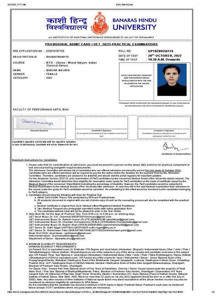 BHU Admit Card | PDF | University And College Admission | Identity Document