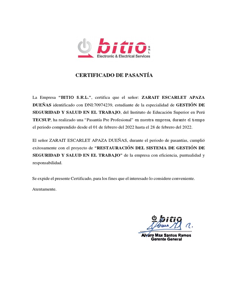 Certificado de Pasantia | PDF | Crecimiento personal y profesional