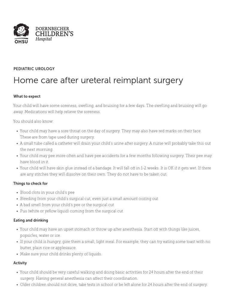 Ureteral Reimplant Surgery Home Care Factsheet | PDF | Surgery | Pain