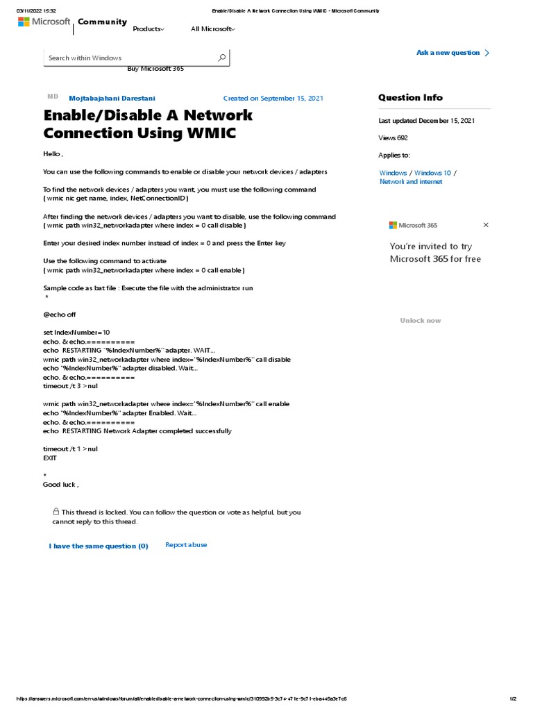 Enable - Disable A Network Connection Using WMIC - Microsoft Community | PDF | Windows 10 | Software
