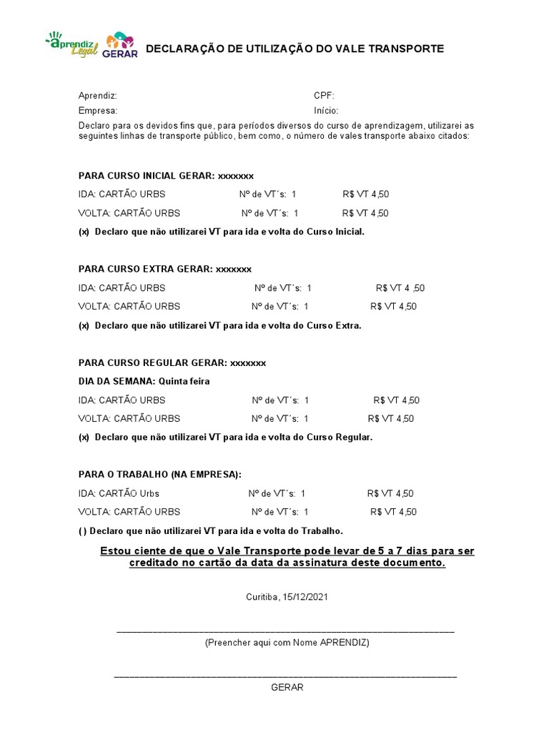 Declara o De Utiliza o Do Vale Transporte Modelo PDF