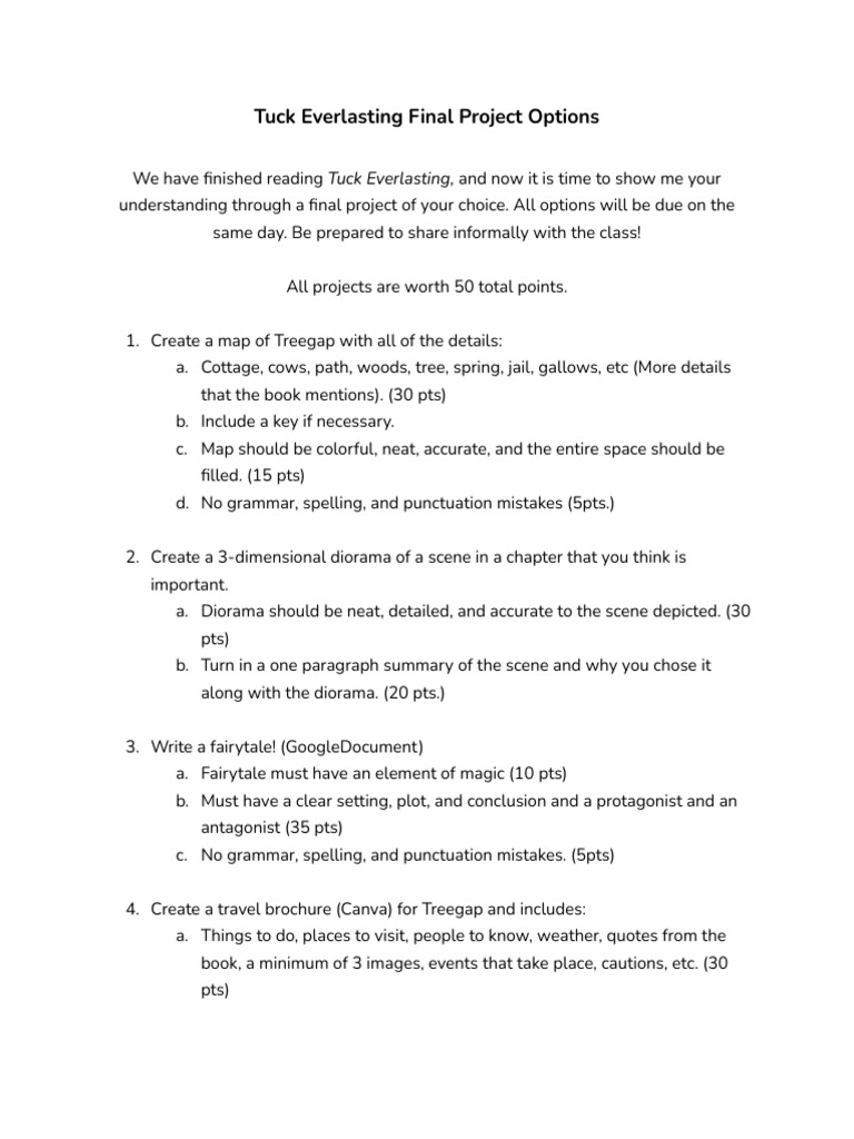 Tuck Everlasting Final Project Options | PDF | Teaching Methods ...