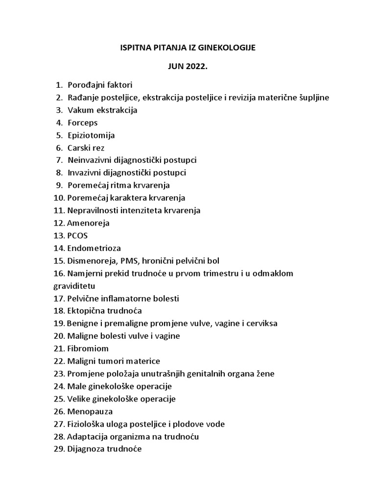 Ispitna Pitanja Iz Ginekologije | PDF