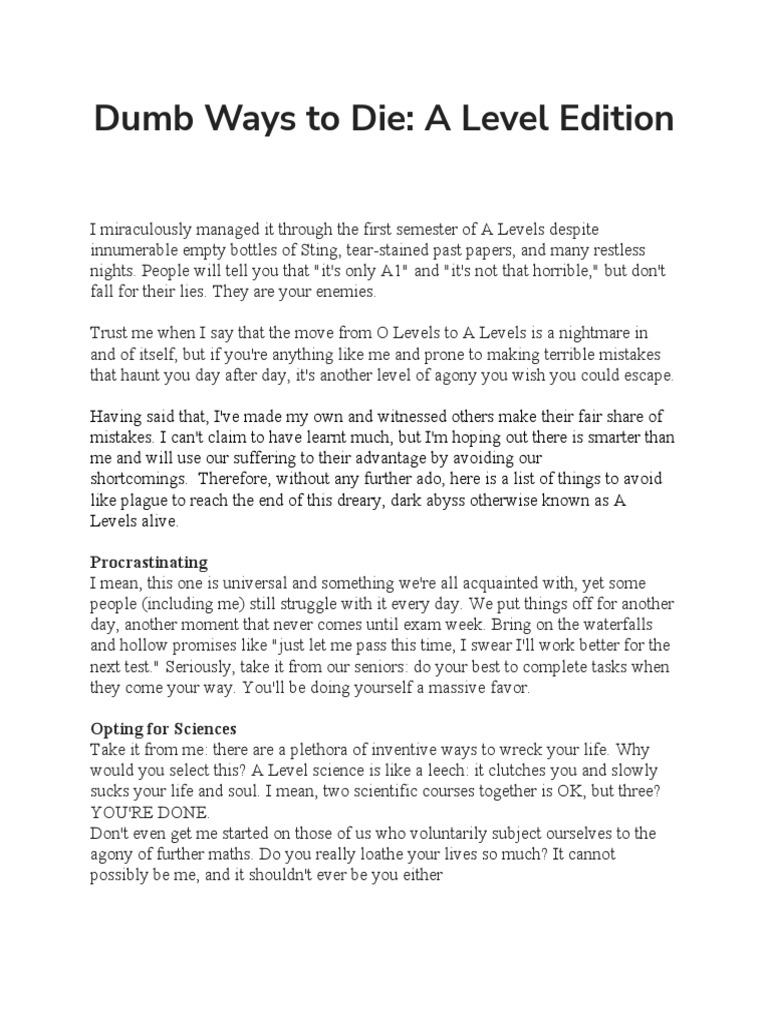 Dumb Ways To Die A Level | PDF
