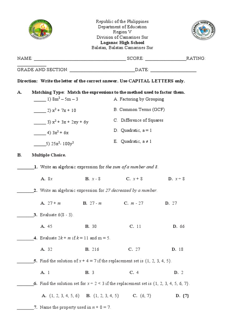 1ST Quarter Exam Math 8 | PDF | Area | Number Theory