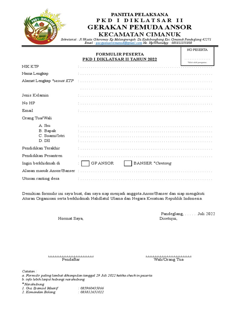 Formulir Peserta PKD I Diklatsar Ii Kec. Cimanuk Tahun 2022 | PDF