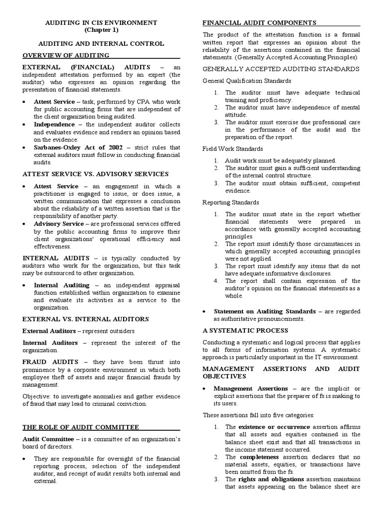 Auditing In Cis Environment Reviewer Chap 1 3 Pdf Financial Audit Internal Control 